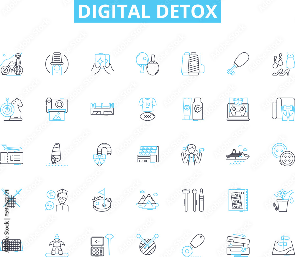 Digital detox linear icons set. Unplug, Disconnect, Reconnect ...