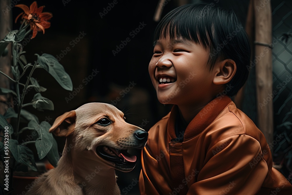 A playful child engages in a lively game of tag with their furry ...