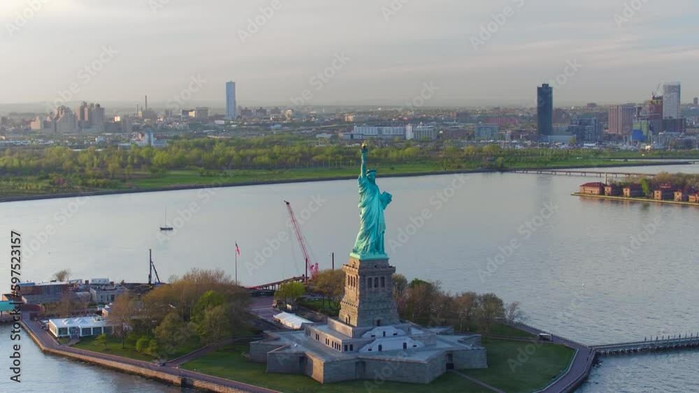 Magnificent Aerial View of the Statue of Liberty. It is a colossal ...