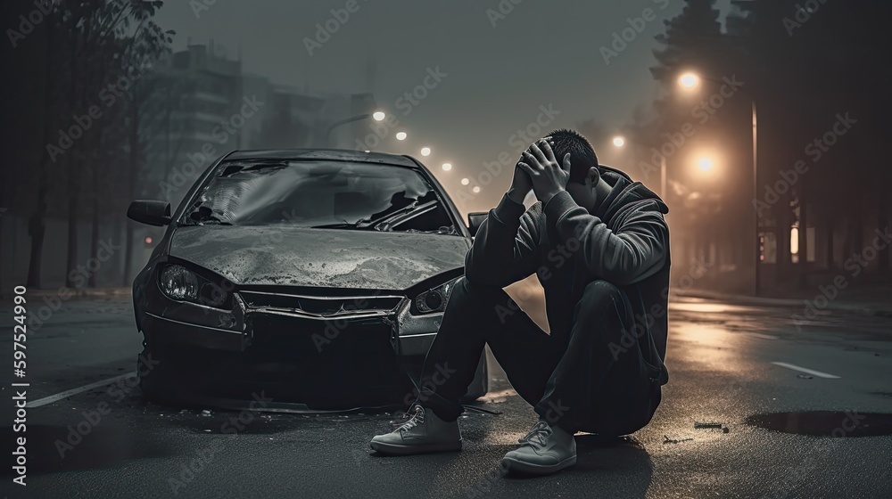 Crying man sitting near wrecked car on road, tragic car accident at ...