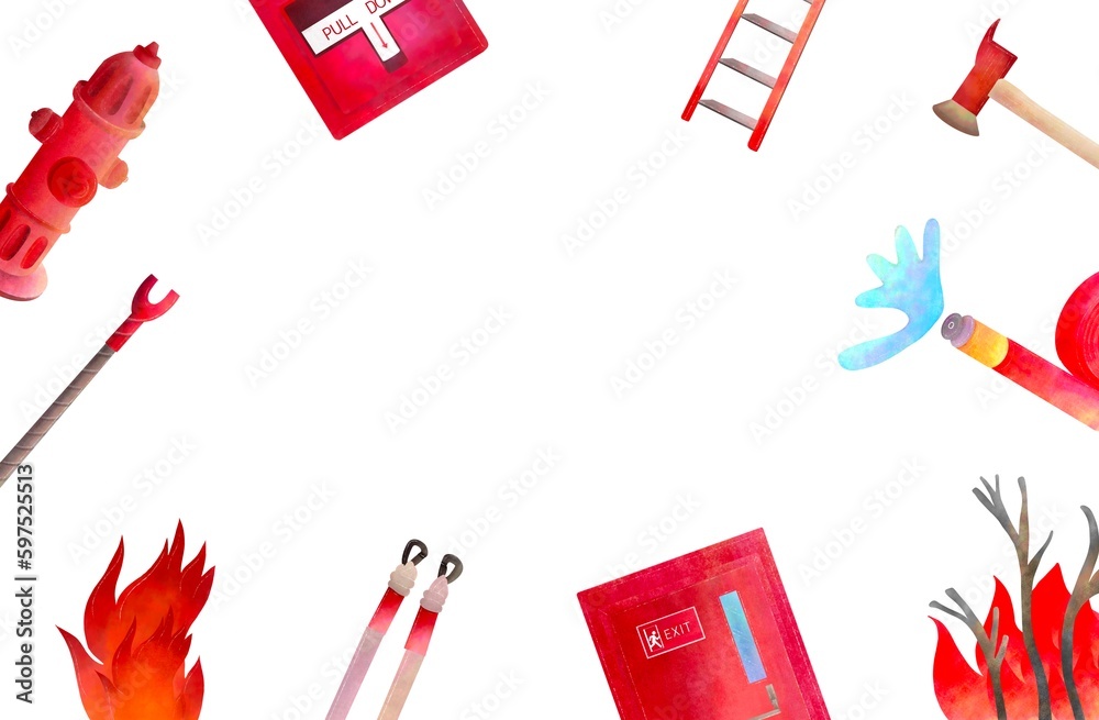 Watercolor firefighting equipment frame with white space for text. A ...