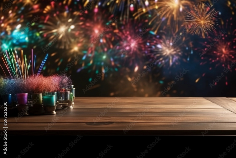 Colorful lights and fireworks with blurred background with empty wooden ...