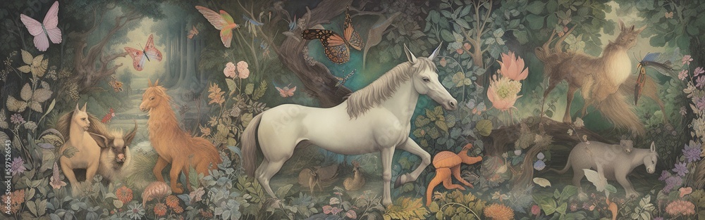 Fairy tale-inspired collage featuring mystical creatures like unicorns ...