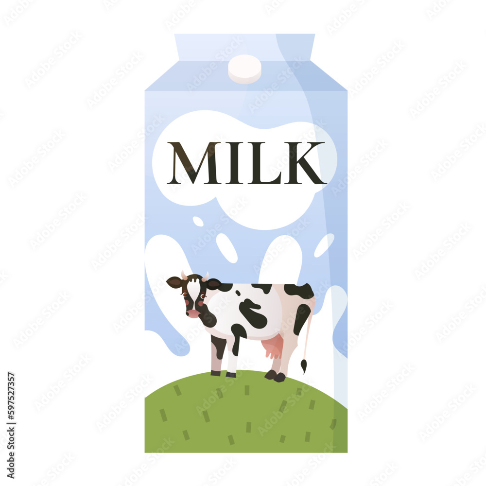 Milk package on white background. Milk package design with cute cow on ...