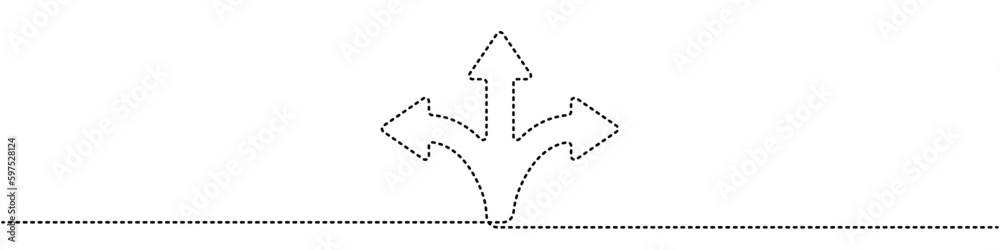 One continuous drawing of arrows in three directions vector. Dotted ...
