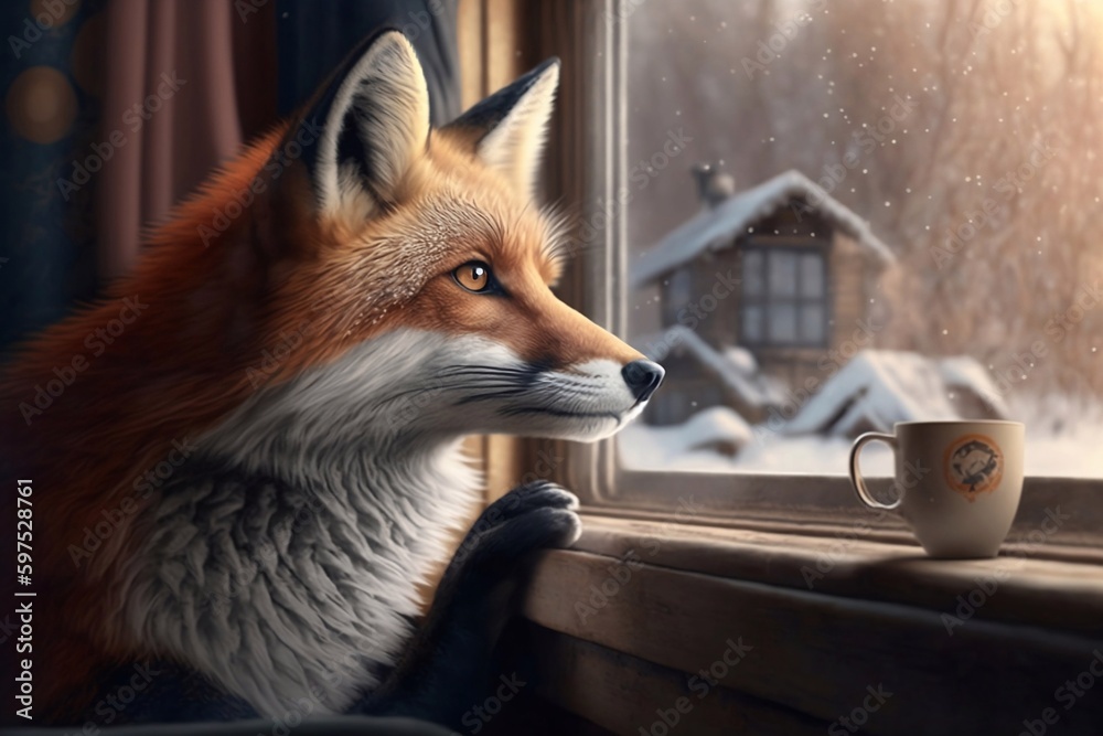 The fox looks out the window while sitting on the couch and drinking ...