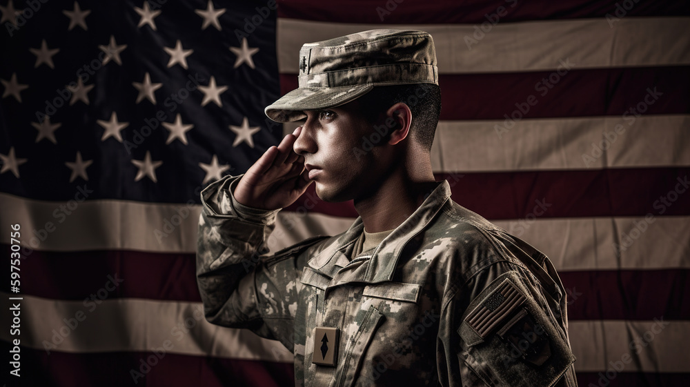 Army Soldier male saluting to American flag, Military uniform, Veterans ...
