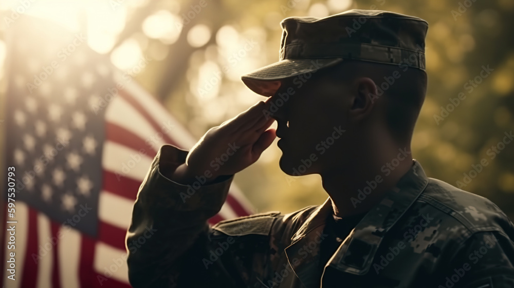 Army Soldier male saluting to American flag, Military uniform, Veterans ...