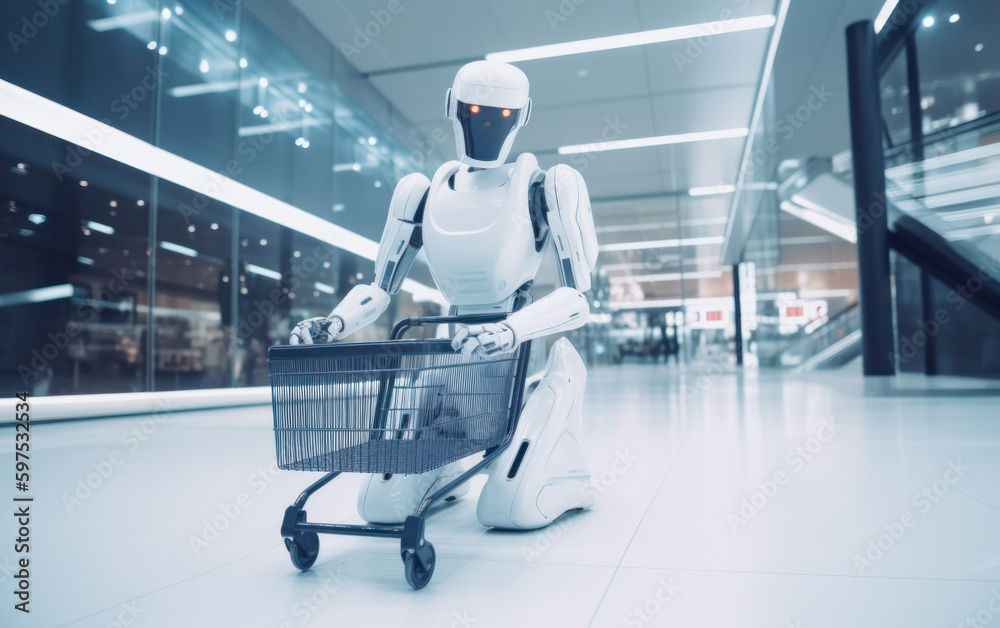 AI humanoid robot with a shopping trolley is shopping at a store ...