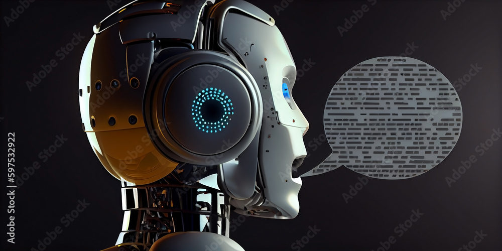 Talking head of a humanoid robot with a speech balloon or speech bubble ...