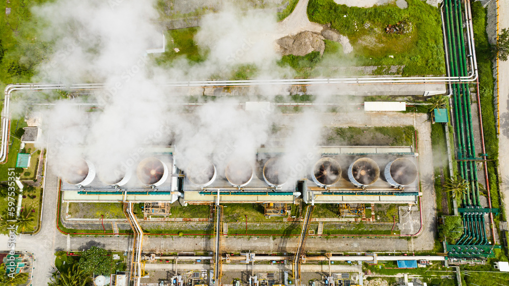 Aerial view of geothermal power plant in a mountainous province ...
