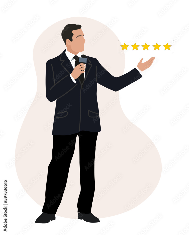 Business man leave five star rating and service satisfaction feedback ...