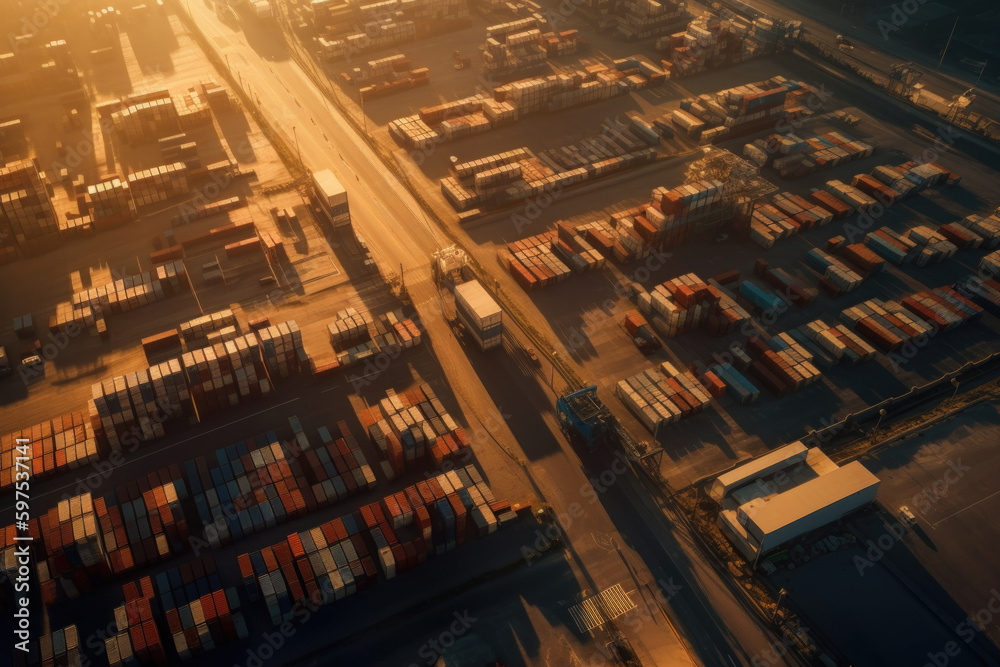 port warehouse of containers from a bird's eye view morning sunlight ...