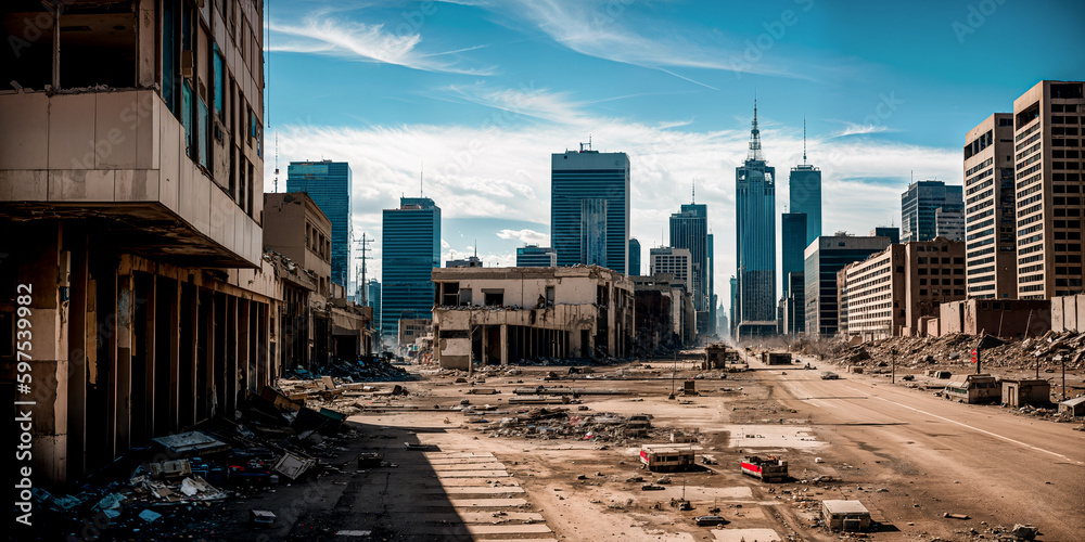 Abandoned broken big city with skyscrapers after a disaster - tornado ...