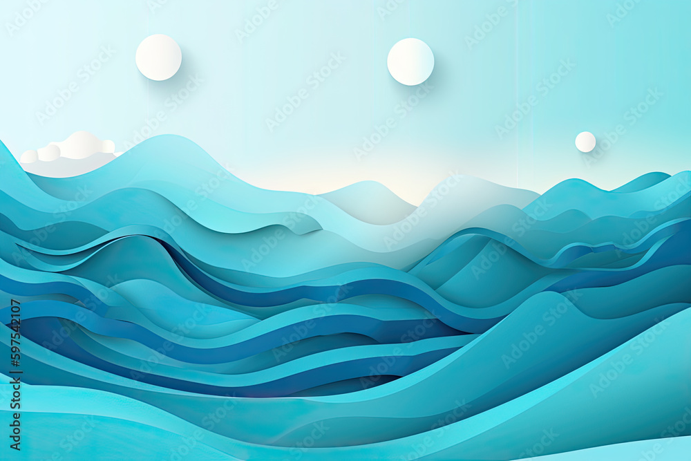 Abstract blue sea and beach summer background with curve paper waves ...