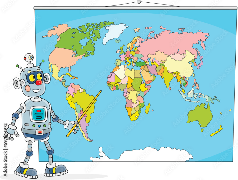 Funny robot teacher pointing to counties on a World map and describing ...