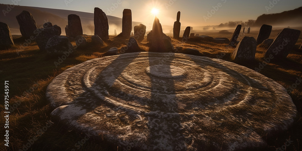 An ancient, mysterious stone circle, with intricate carvings and hidden ...