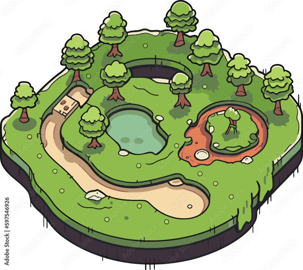 Cartoon illustration of isolated golf course with trees and sand trap ...