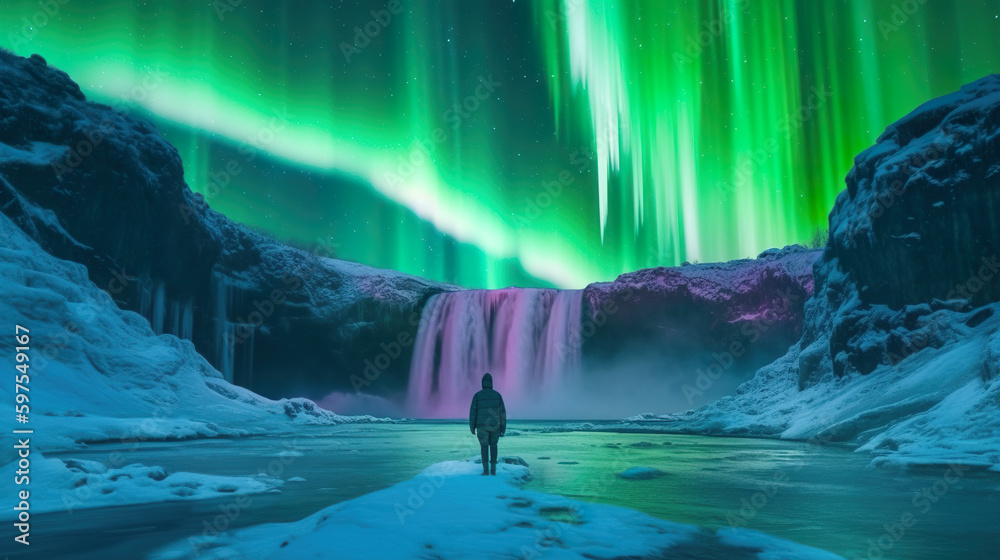 Aurora borealis, glowing green polar lights in sky eery purple ...