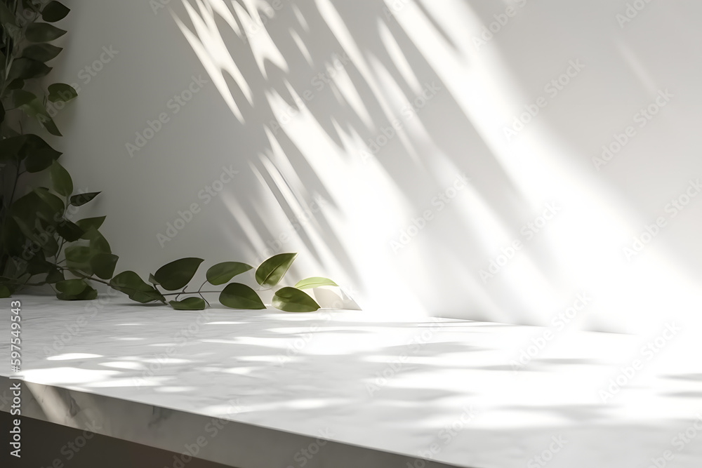 Modern minimal empty white marble stone counter table top, in sunlight ...