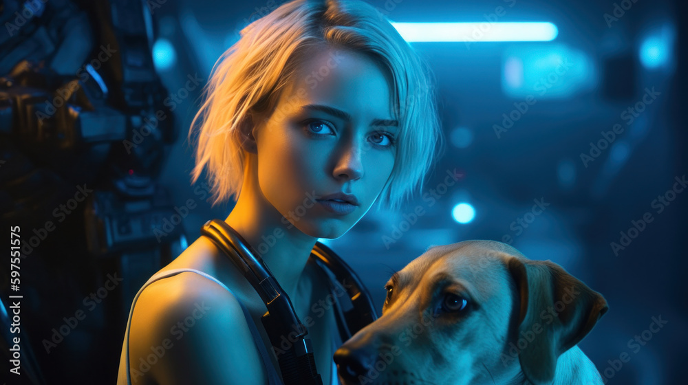 Pretty female space pilot alone with her trusty wingman and companion ...