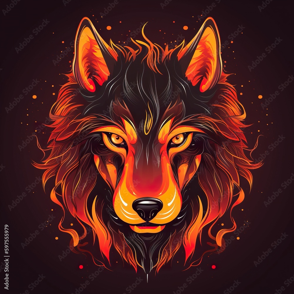 A vibrant illustration of a fire wolf head on a dark background, with light red and dark amber ...