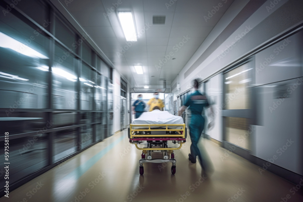 A patient in a hospital bed is rolled down a hospital hallway as health care professionals stand ...