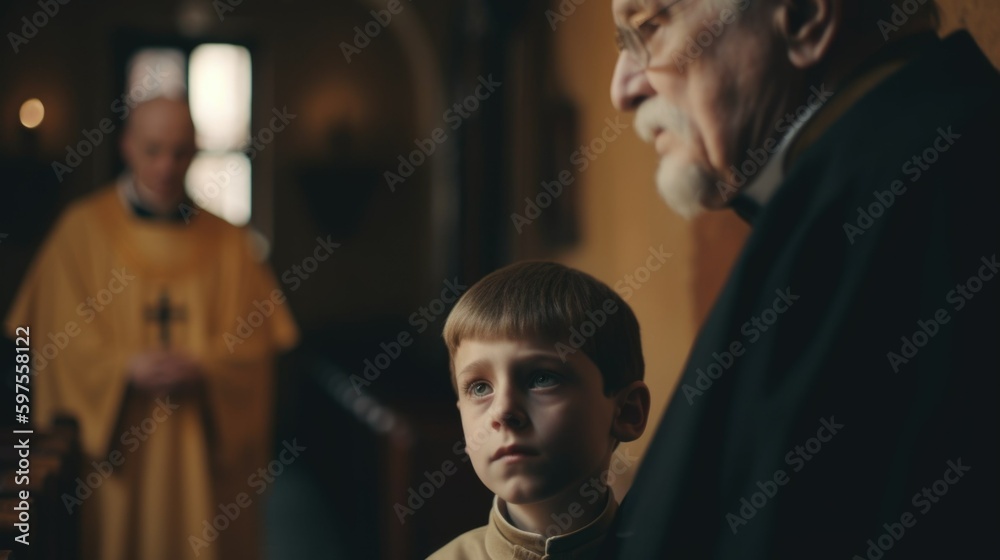 Children and church concept. Sad underage boy and elder priest Stock ...