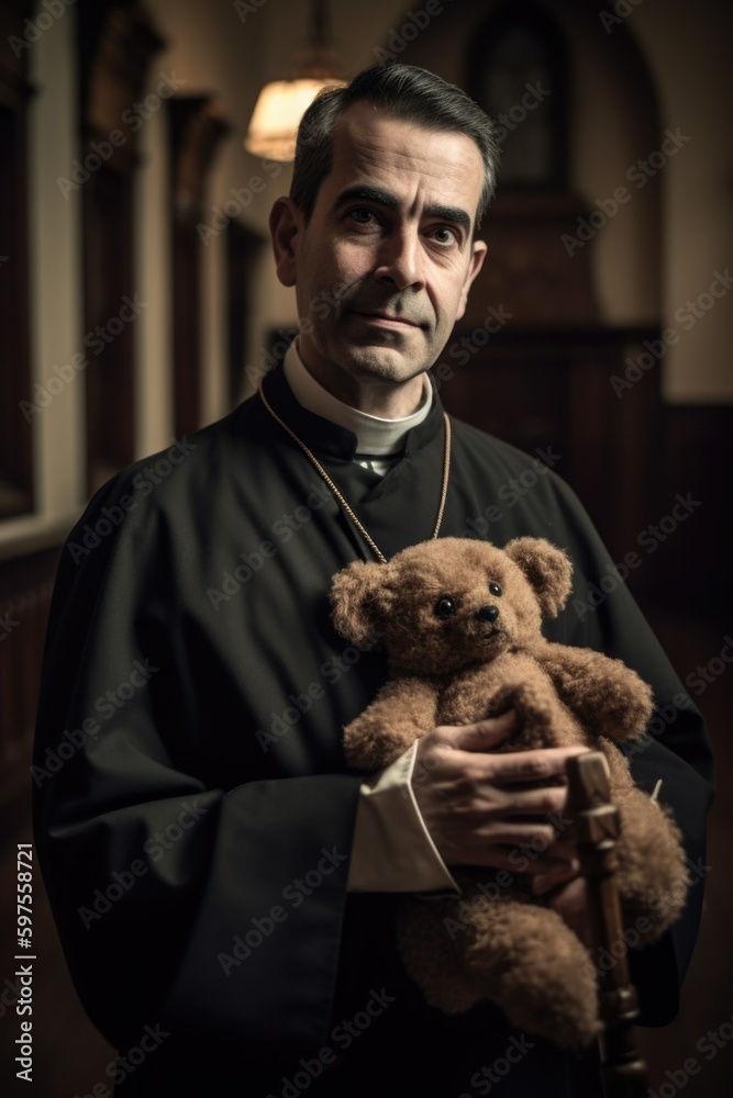Concept of child molestation in church: Priest holding a teddy bear ...