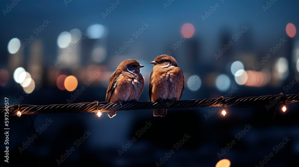 Pair of lovebirds sitting on a wire, with a city skyline and a starry ...