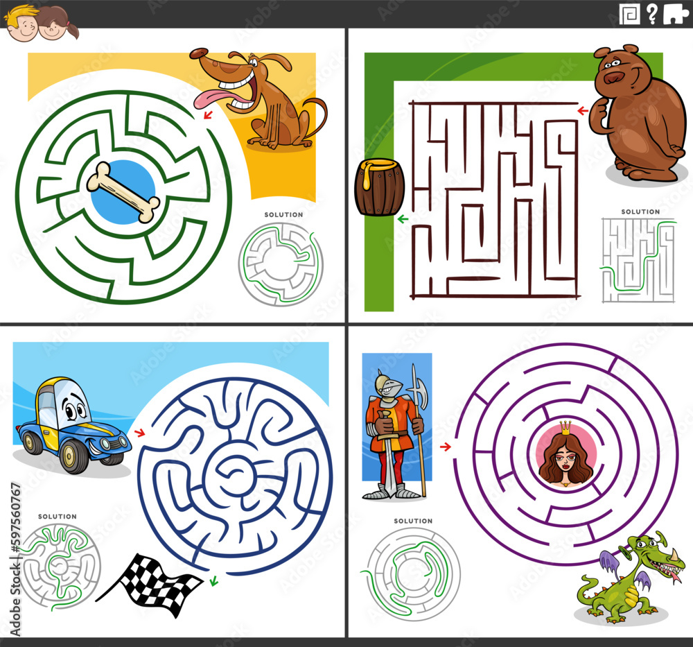 maze games set with funny cartoon characters Stock Vector | Adobe Stock