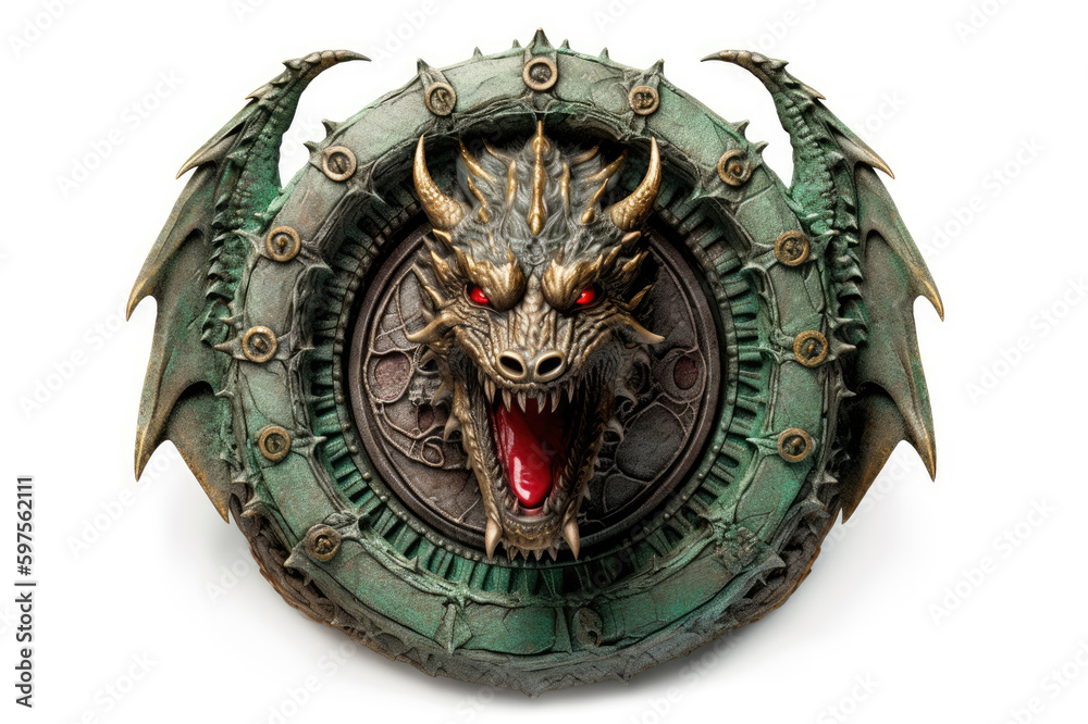 Carved round shield with green dragon isolated on white background ...