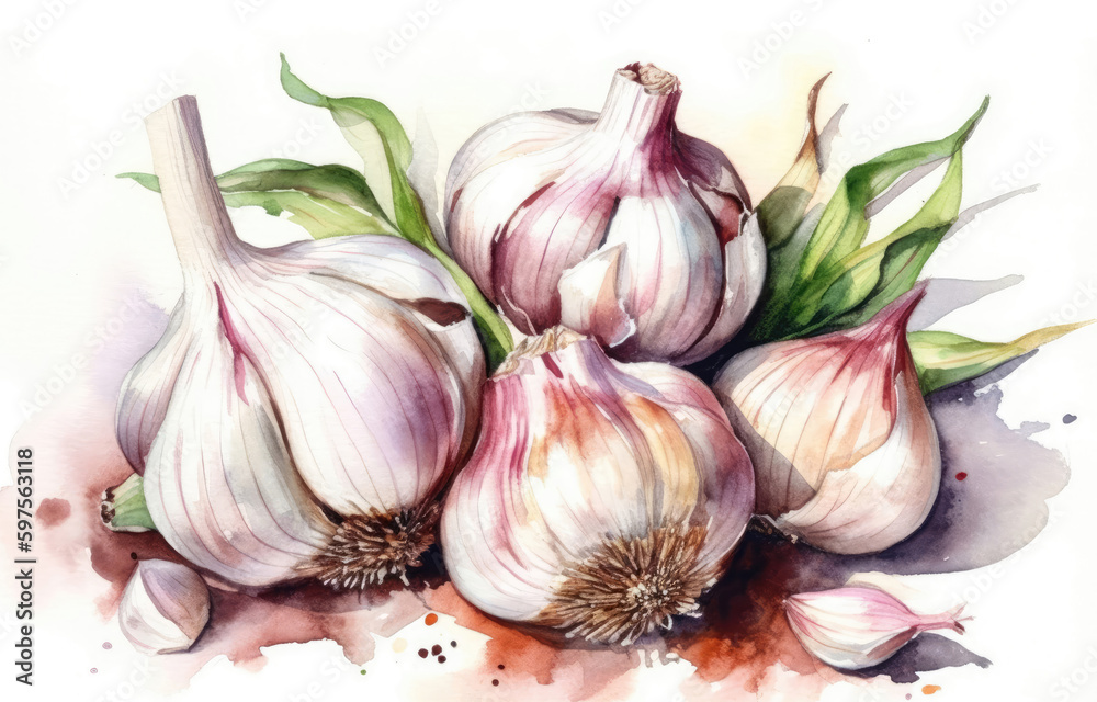 Beautiful Watercolor Drawing Garlic On A White Background. Generative ...