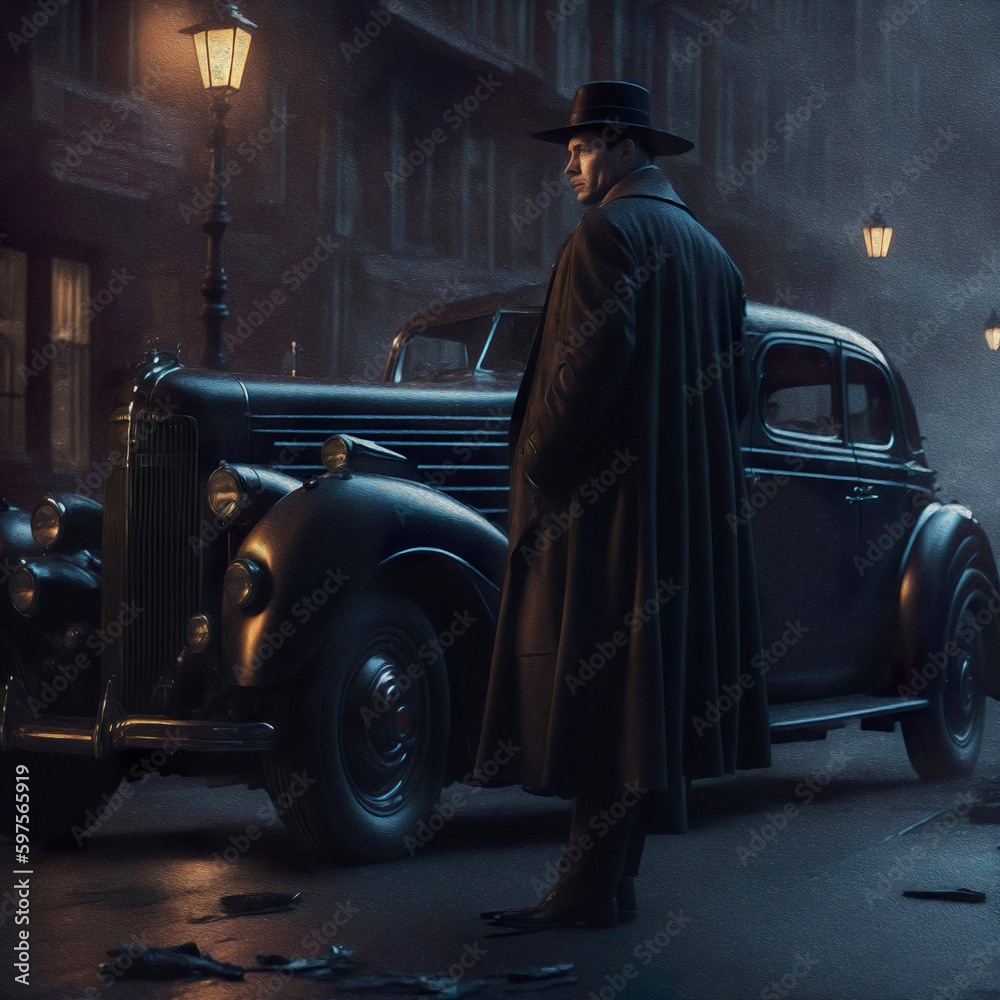 Oil painting Mobster/Detective in front of an old 1930s, 1940s car in a ...