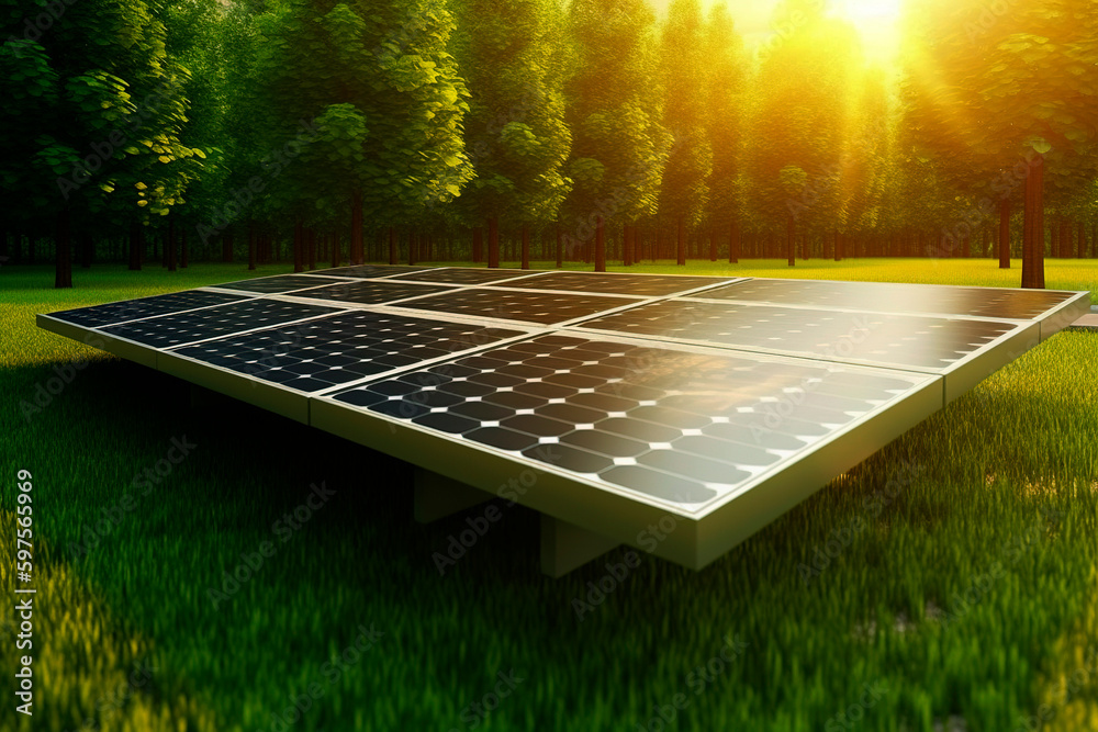 Generative AI illustration of Solar panels integrated into green nature ...