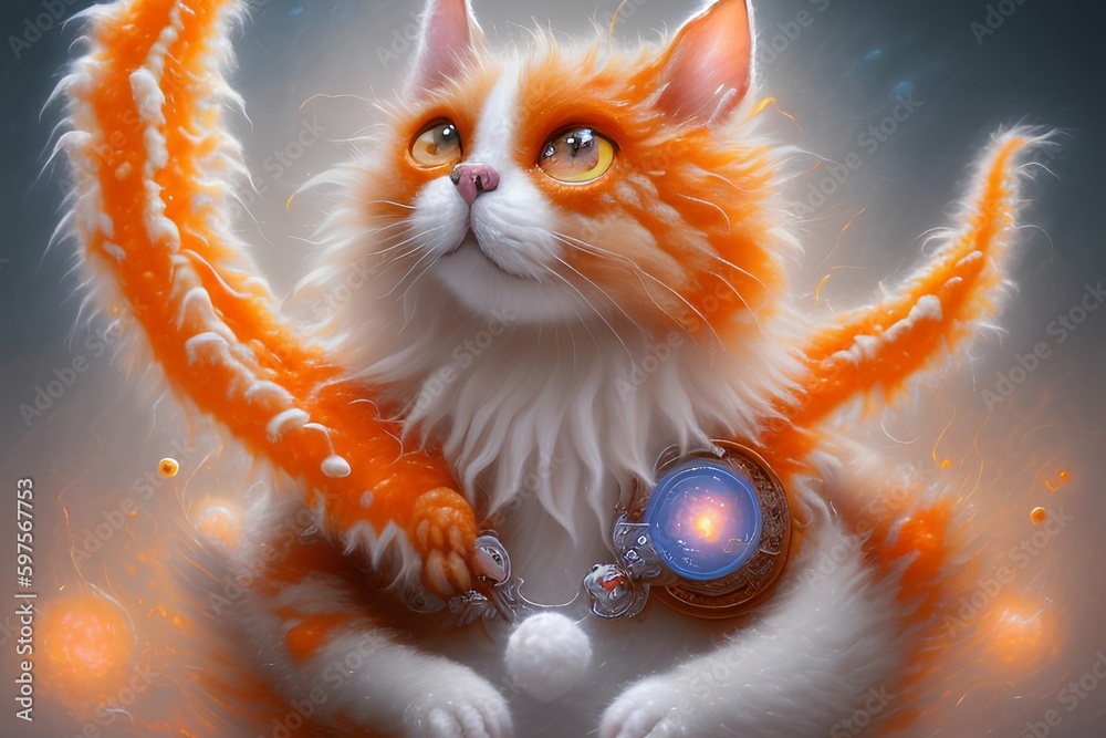 cute fluffy white alien dragon cat whose spine is made of small orange ...