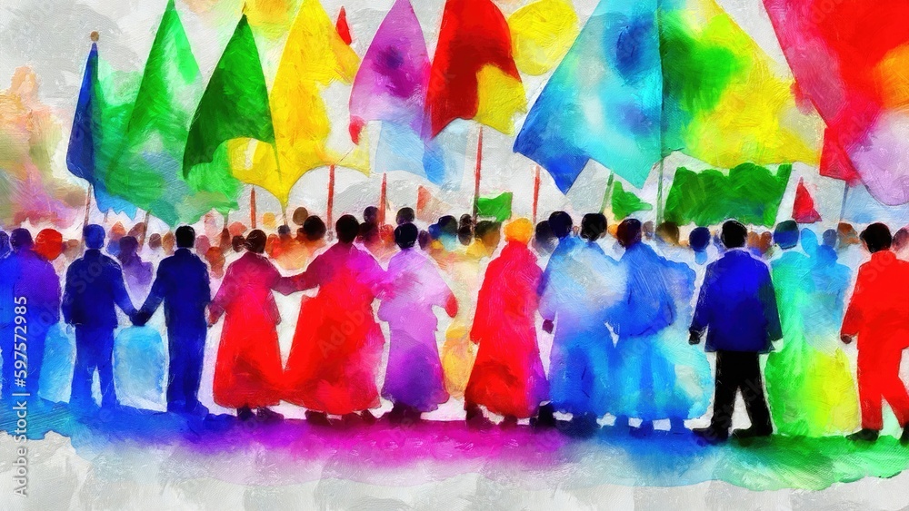 Digital painting of a crowd of people with lgbt flags in rainbow colors ...