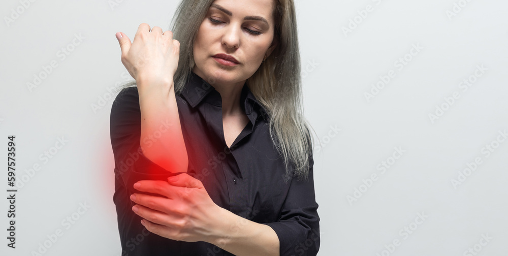 Wrist pain. Painful hand with red spot closeup. Sprain, fracture ...