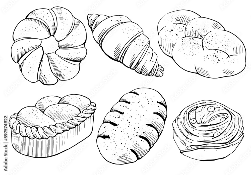 Graphic drawing of fresh baked goods. Set for printing on the packaging ...