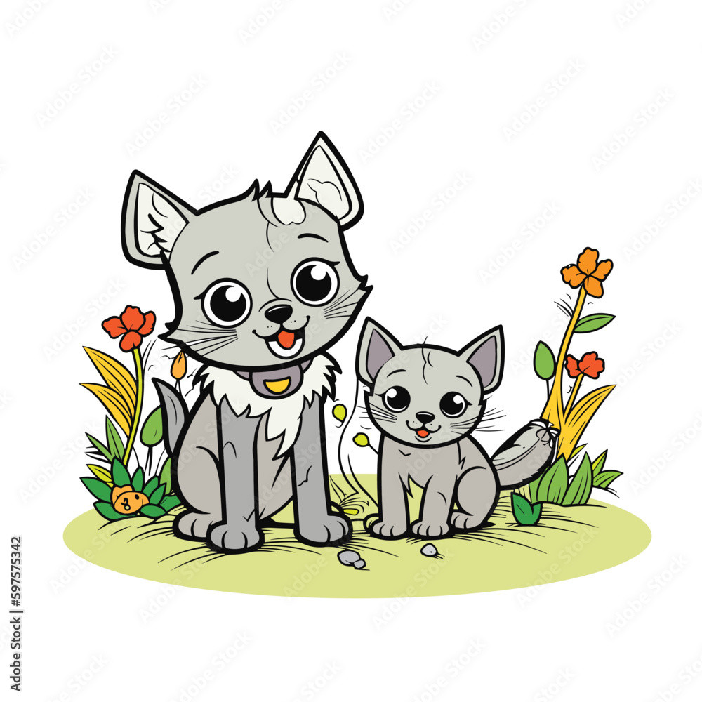 Cat mom with kitten cartoon style vector illustration isolated on white ...