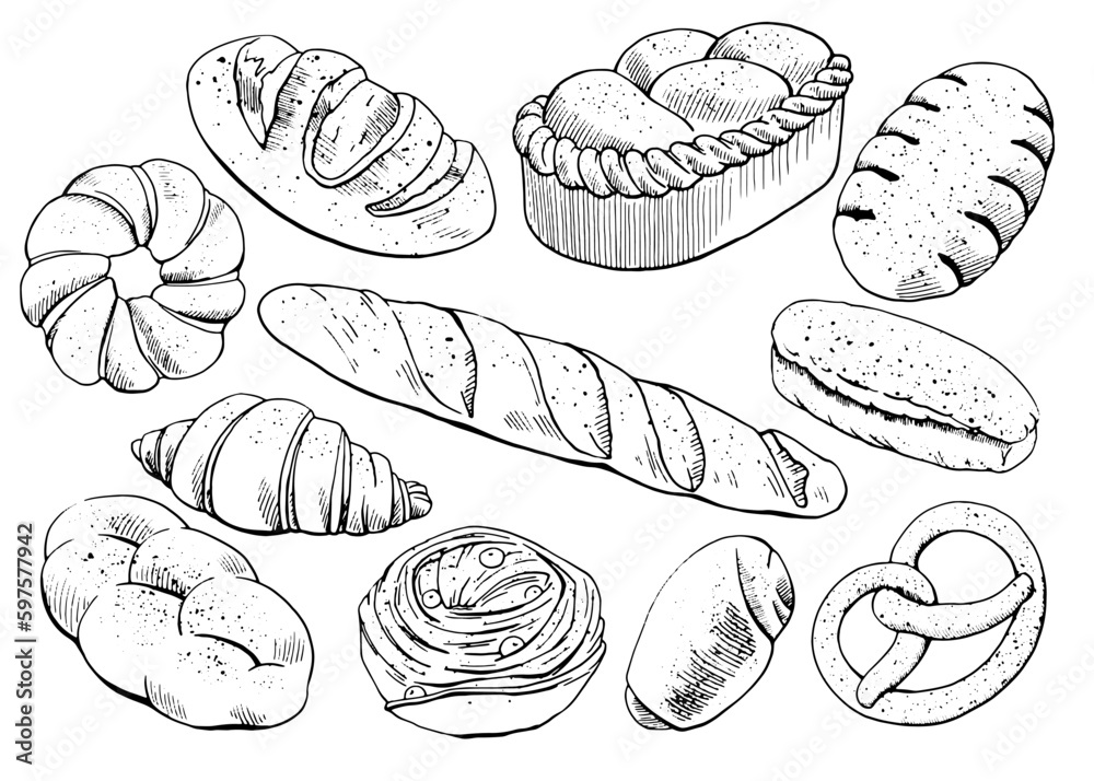 Graphic drawing of fresh baked goods. Set for printing on the packaging ...