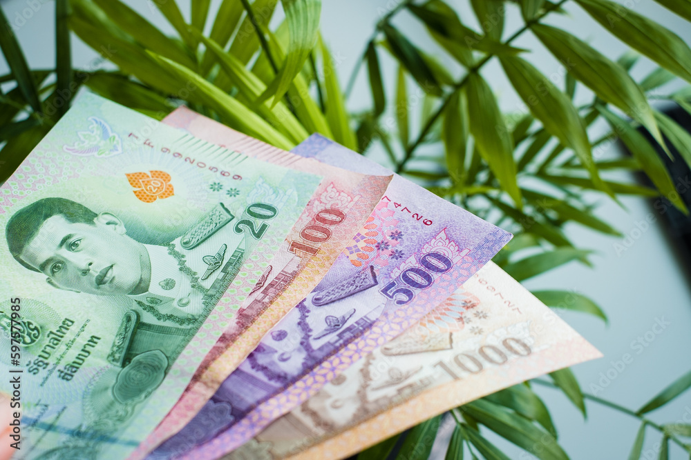 Thai baht banknotes. Cash money of Thailand. Thai economy and financial ...