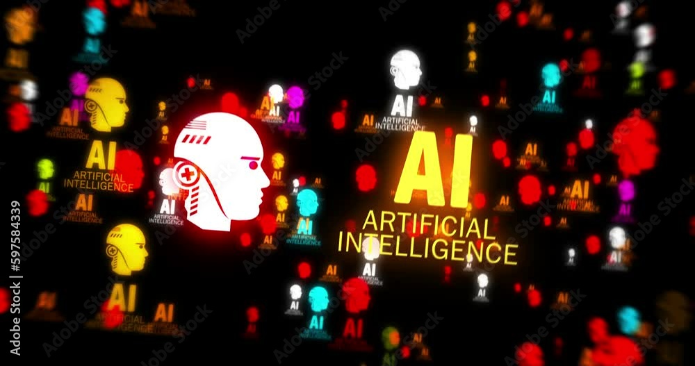 Artificial intelligence symbol light flashing on screen. Fly between Ai ...