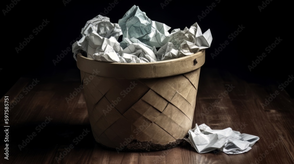 Crumpled paper in the trash can. Generative ai Stock Illustration ...