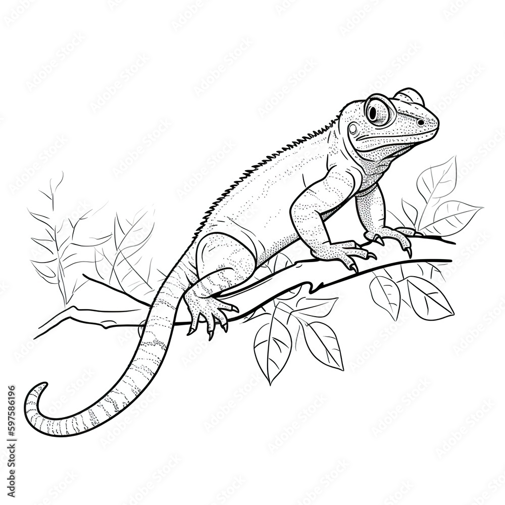Kids coloring page of a lizard on a branch that is blank and ...
