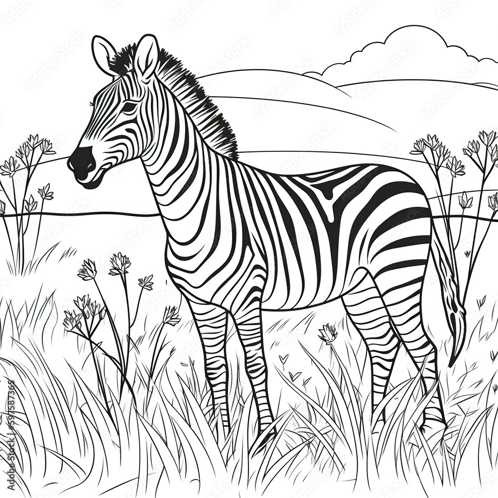 Kids coloring page of a zebra in the grassland that is blank and ...