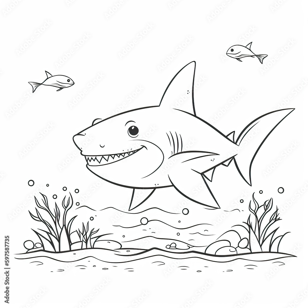 Kids coloring page of a shark on the shore that is blank and ...