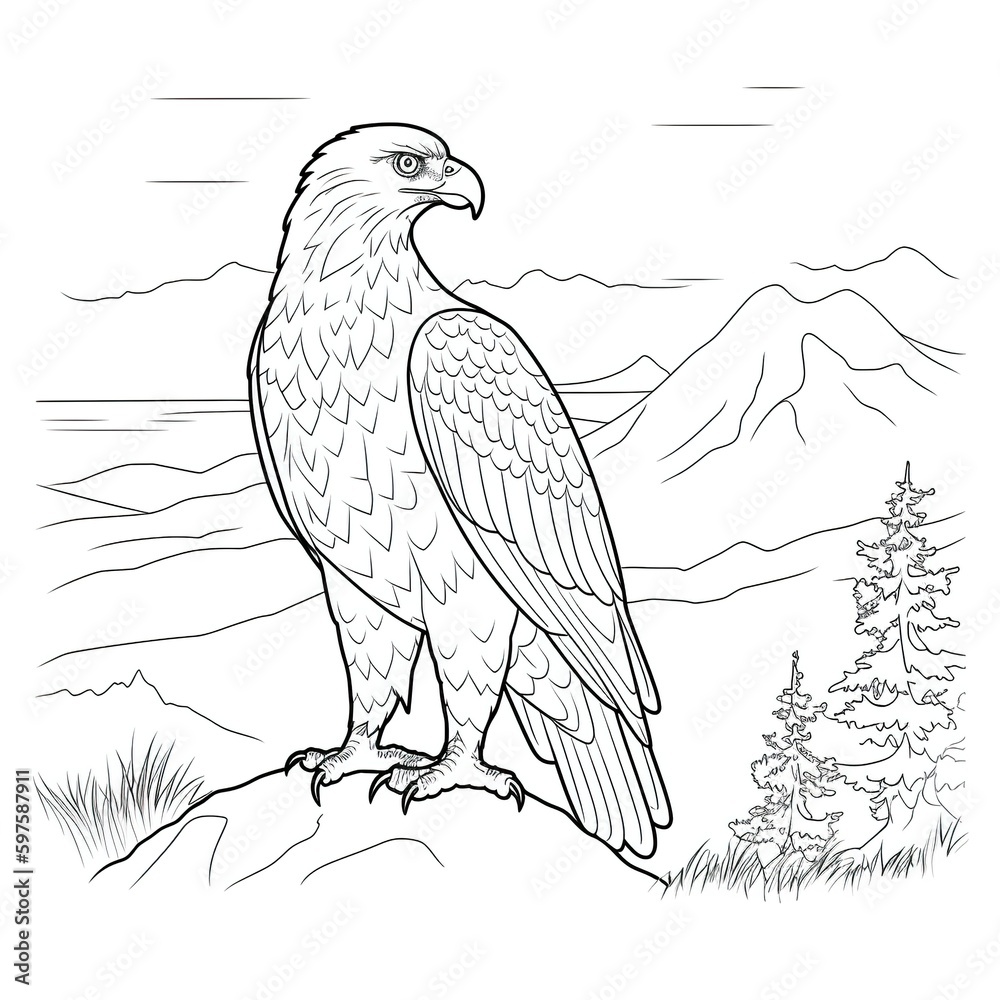 Kids coloring page of an eagle on the hill that is blank and downloadable for them to complete ...