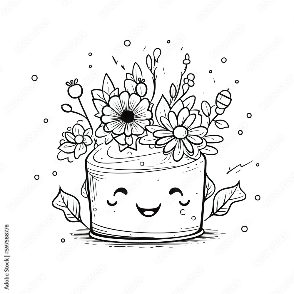 Kids coloring page of a cake with flowers that is blank and ...