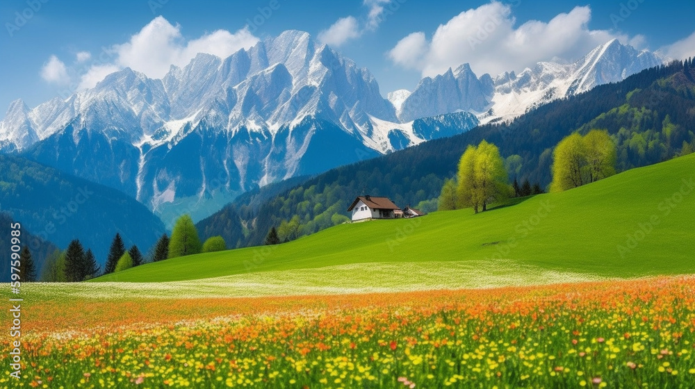 Generate a description of a mountain in the Alps in spring with ...